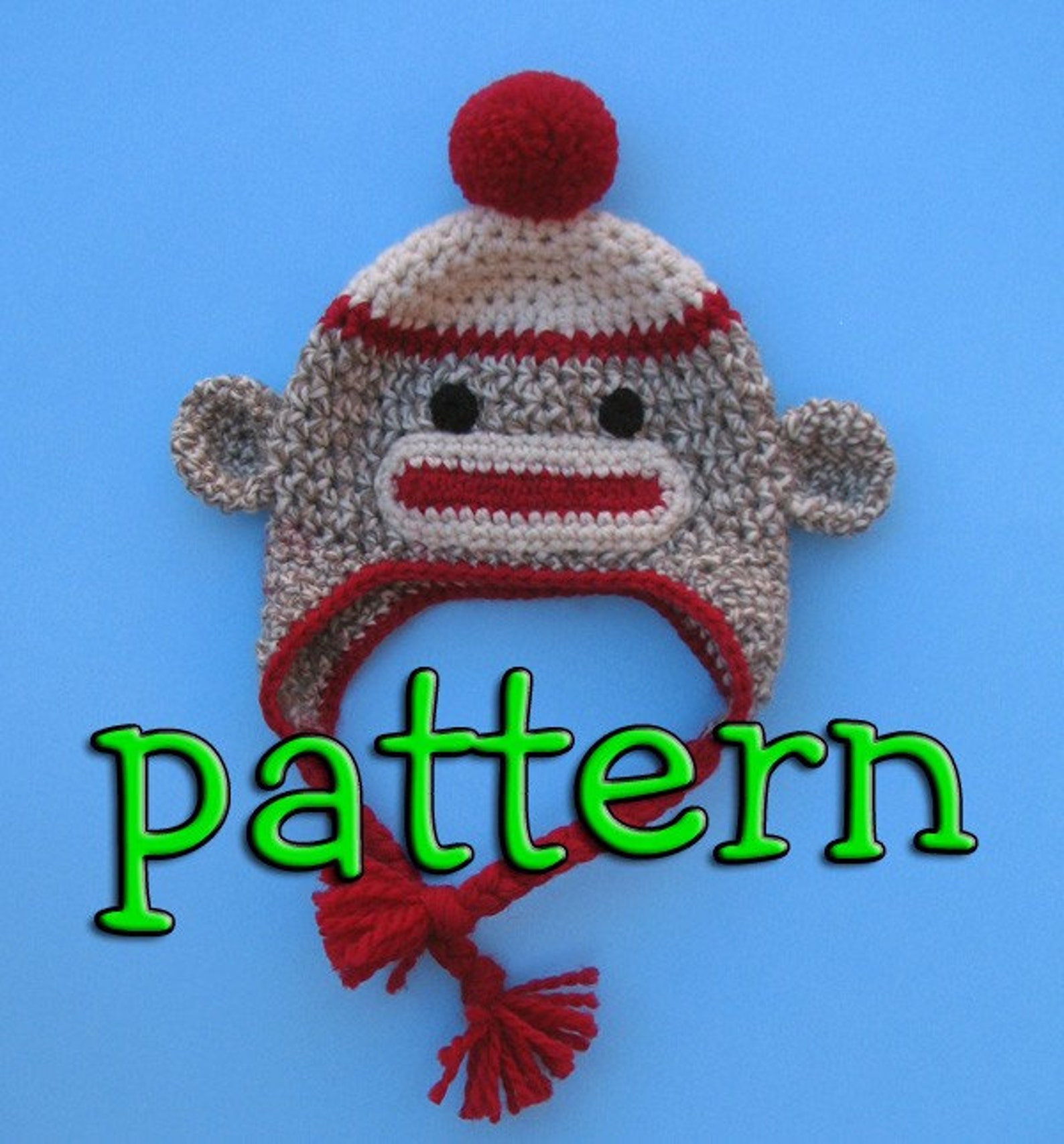 PDF Crochet Pattern, Sock Monkey Hat With Earflaps, Braids, and Pompom ...
