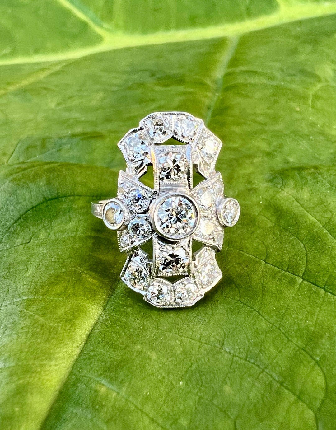 Art Deco Antique Old Cut Diamond Dinner Ring, Art Deco Shield Ring ...