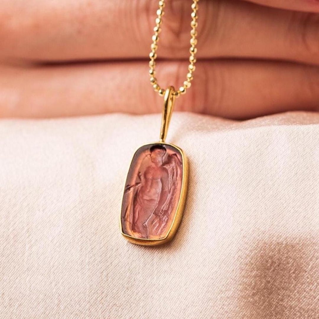 Handmade Enamel Nike Goddess Intaglio Necklace - 24K Gold Over Sterling ...