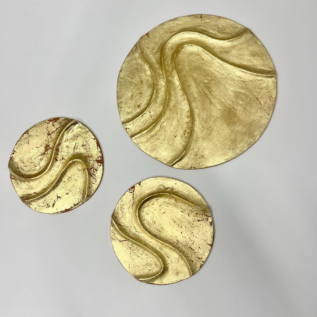 Gold Leaf Ceramic Wall Art Set – Handmade Round Panels in Modern ...