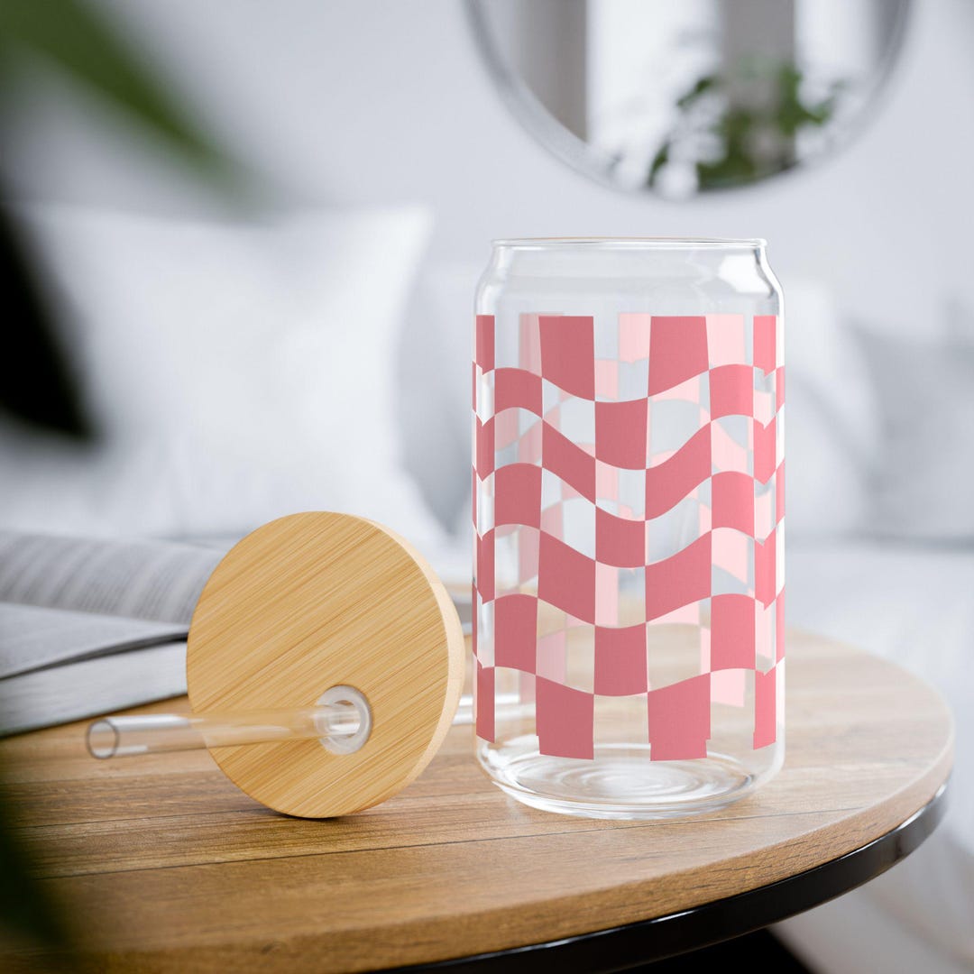 Soft Pink Chess Pattern Sipper Glass, 16oz - Etsy