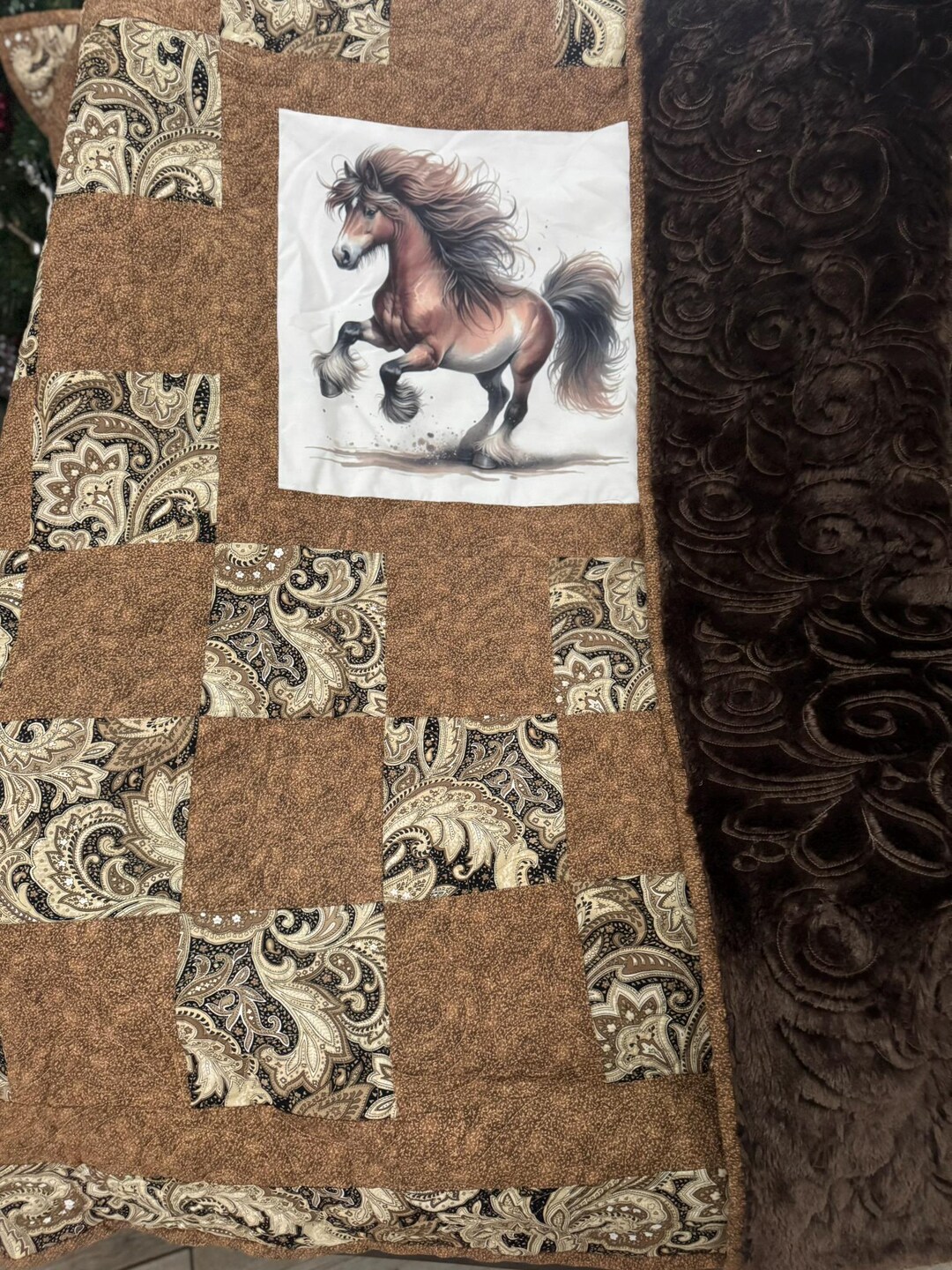 Horse Panel Heirloom Quilt – Brown and Tan With Soft Minky Back, 60x72 ...