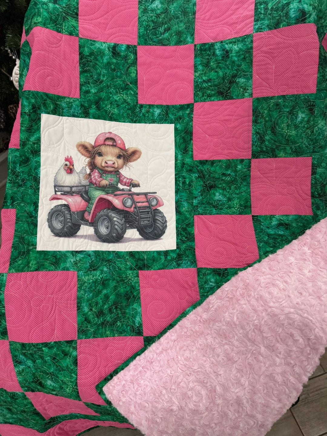 Highland Cow on a Four-wheeler Panel Unique Heirloom Quilt – Soft Minky ...