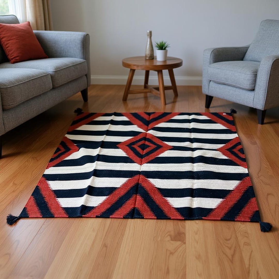 Handwoven Flatweave Rug, Square Rug, Soft Wool Dhurrie Rug, Traditional ...