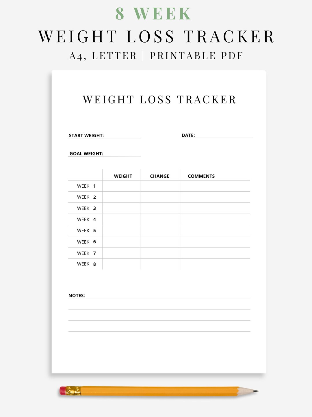 8 Week Weight Loss Tracker | Printable Fitness Planner (A4 Letter PDF ...