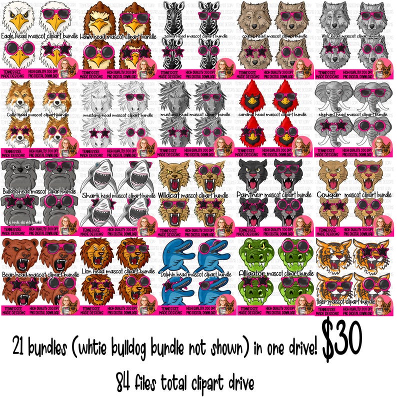 Hand Drawn Mascot Clipart Bundle - 19 Animals (2 Have 2 Color Versions ...