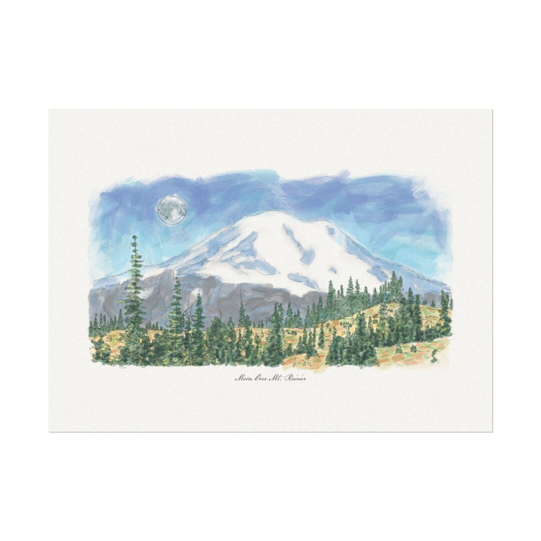 Moon Over Mount Rainier, Wall Art, Digital Drawing of Mt. Rainier ...