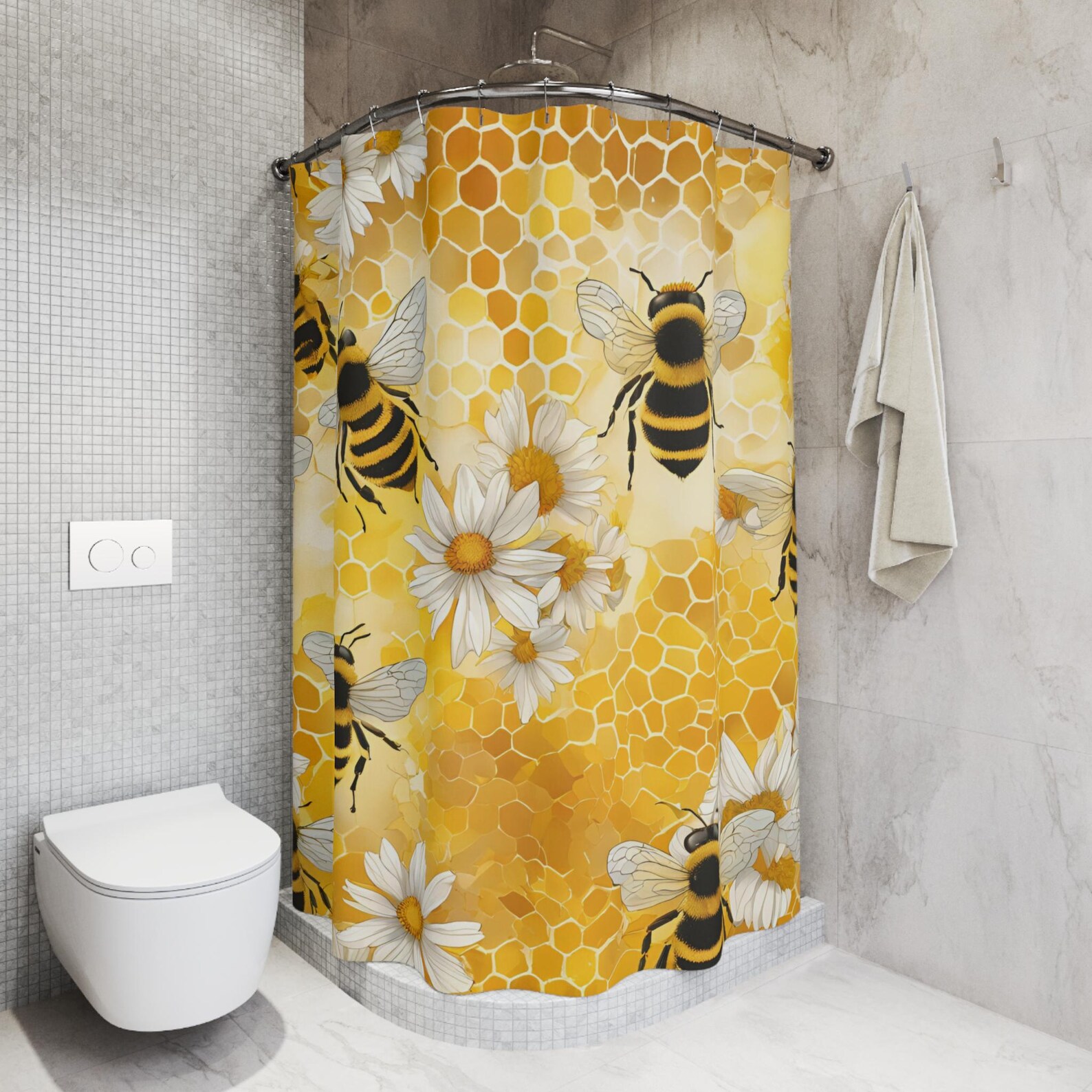 Yellow Honeycomb Bee Shower Curtain - Farmhouse Bathroom Decor, Nature ...