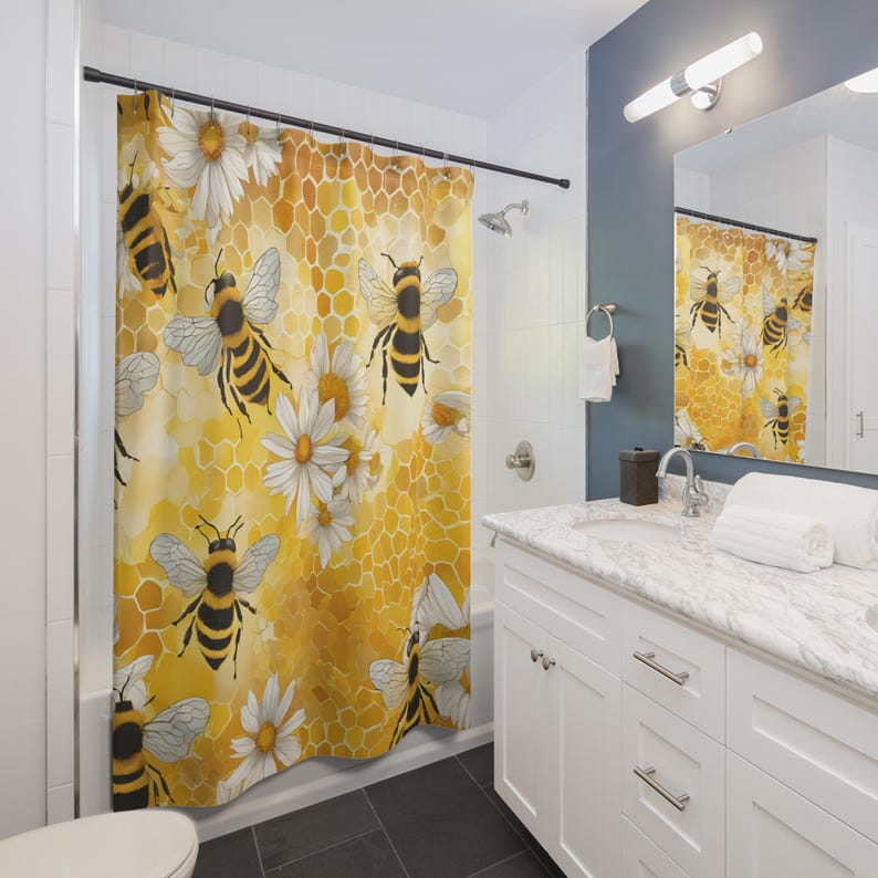 Yellow Honeycomb Bee Shower Curtain - Farmhouse Bathroom Decor, Nature ...