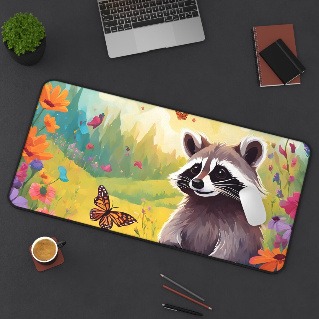 Cute Floral Raccoon Desk Mat, Racoon Mouse Pad, Floral Desk Protector ...