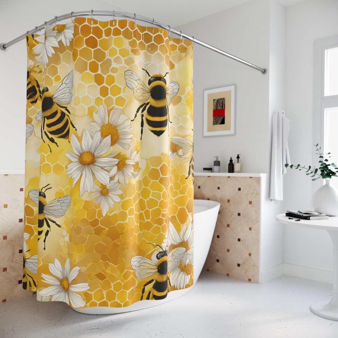 Yellow Honeycomb Bee Shower Curtain - Farmhouse Bathroom Decor, Nature ...