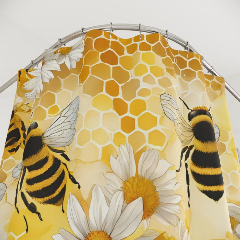 Yellow Honeycomb Bee Shower Curtain - Farmhouse Bathroom Decor, Nature ...