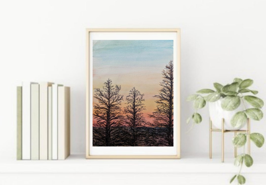Sunset Trees Watercolor and Ink Drawing - ORIGINAL ART WORK (not a ...