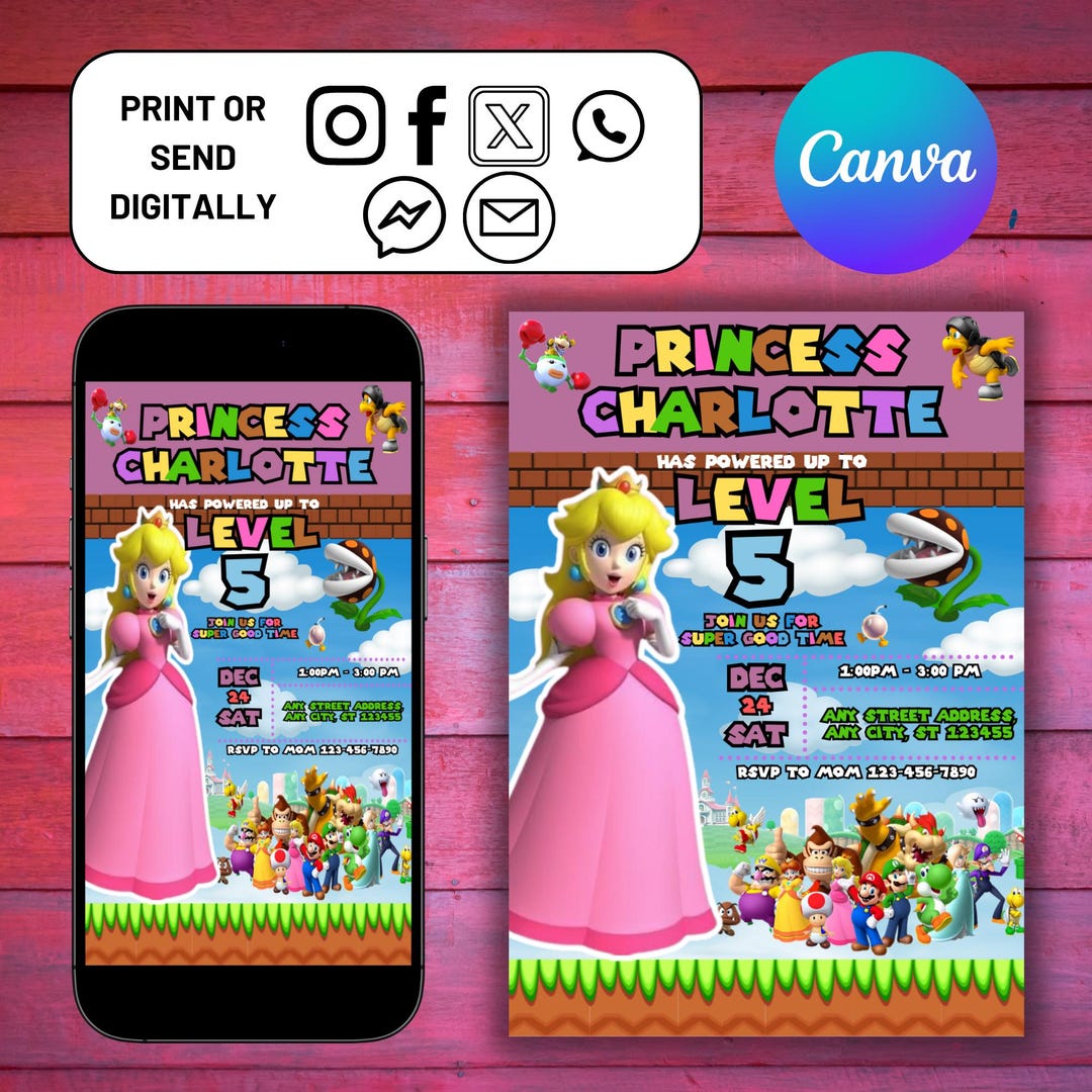 Princess Peach Birthday Invitation Easy Editable Instant Download ...