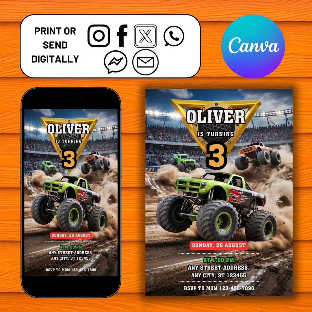 Monster Jam Theme Kids Birthday Invitation, Birthday Jam, Colorful ...