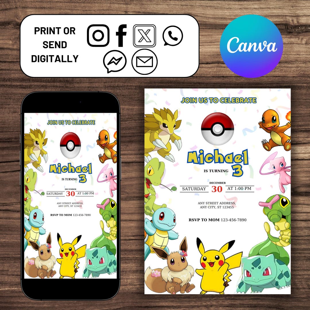 Pokemon Invitation, Editable Pokemon Invitation, Boys and Girls ...