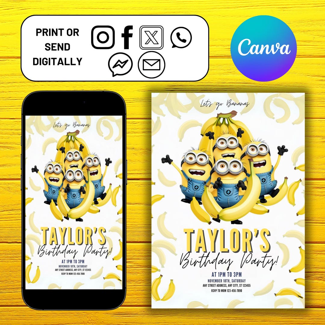 Editable Minion Birthday Invitation, Printable Birthday Party Template ...