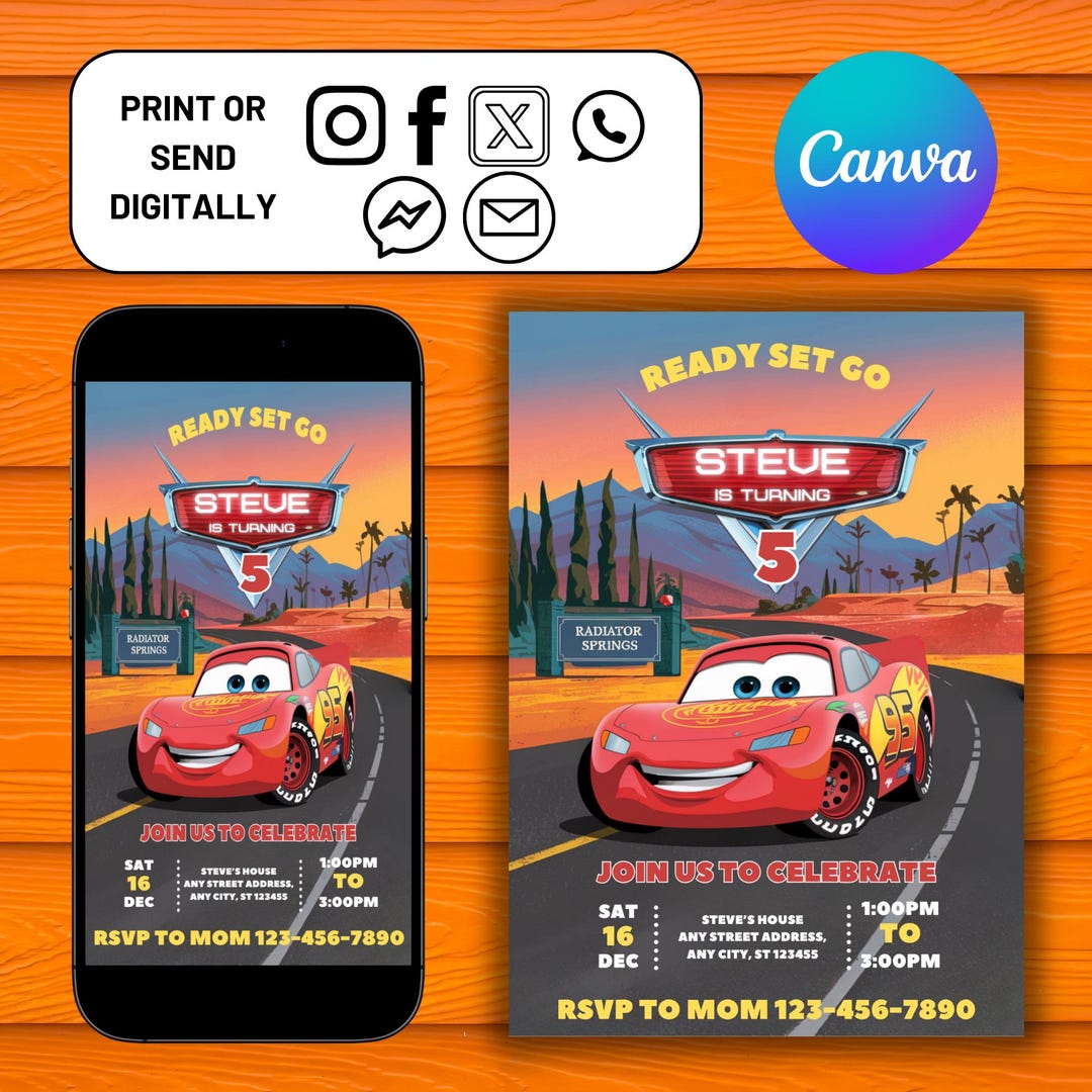 Cars Birthday Invitation, Boys and Girls Mcqueen Evite, Kids Birthday ...