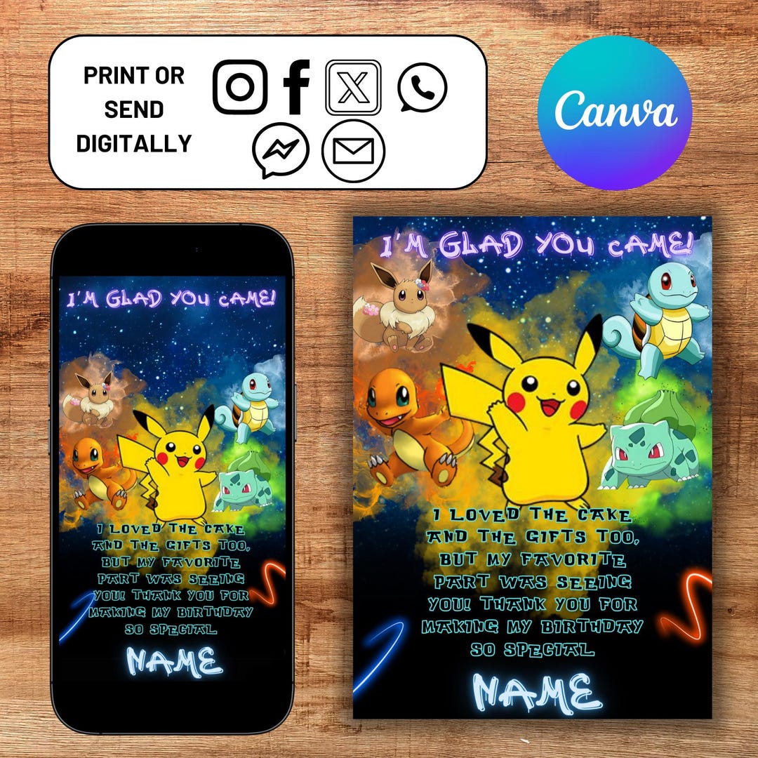 Pokemon Bırthday Thank You Card, Kids Pokemon Thank You Tag, Pikachu ...