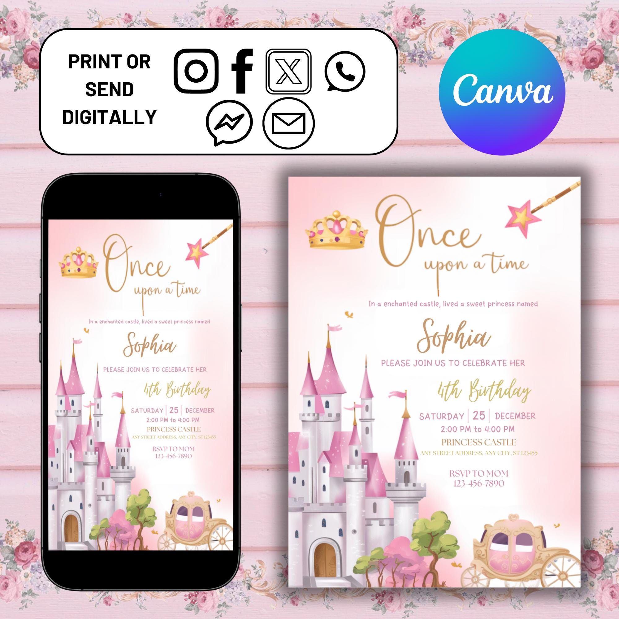 Princess Birthday Invitation, Girls Princess Invitation, Digital ...
