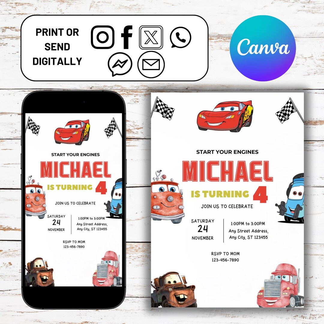 Editable Cars Birthday Party Evite, Cars Birthday Invitation, Mcqueen ...