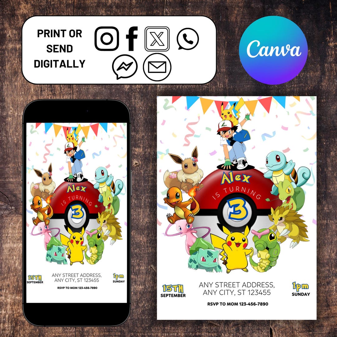 Pokemon Birthday Invite, Editable Pokemon Evitate, Birthday Kids ...