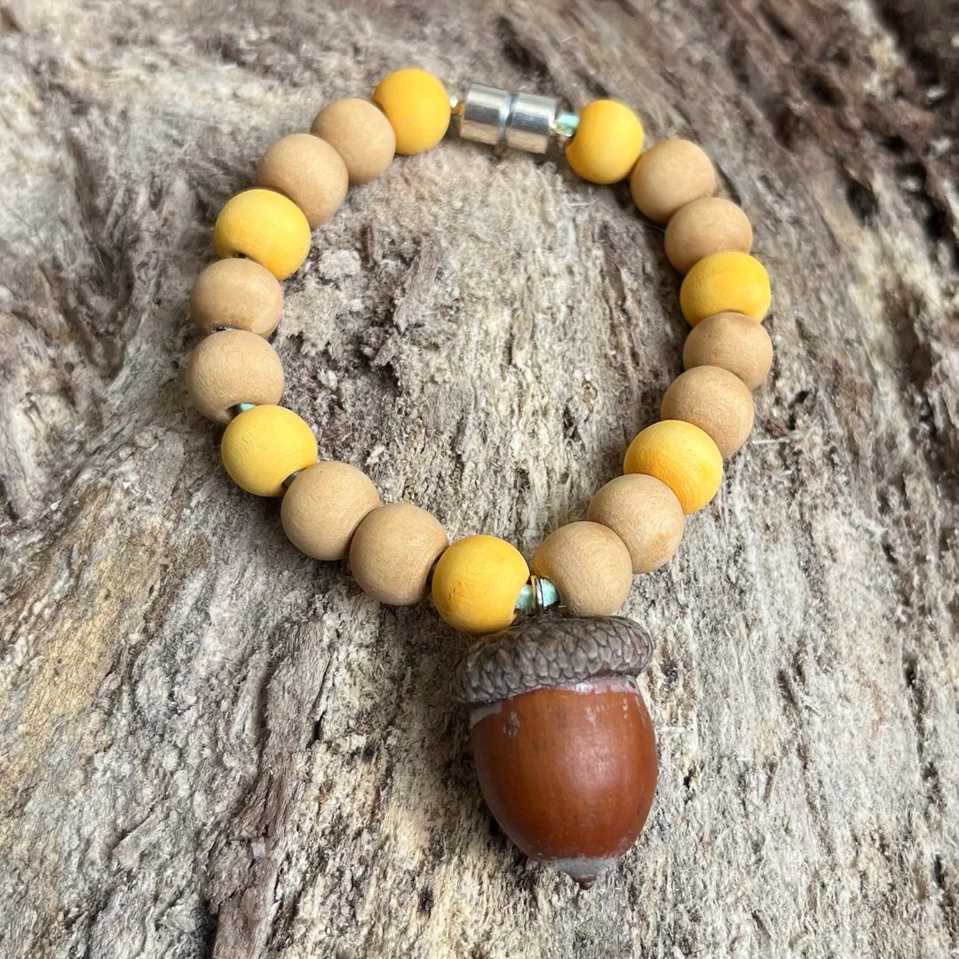 Nature Inspired Real Acorn Bracelet | Stained Wood Beads, Faux Leather ...