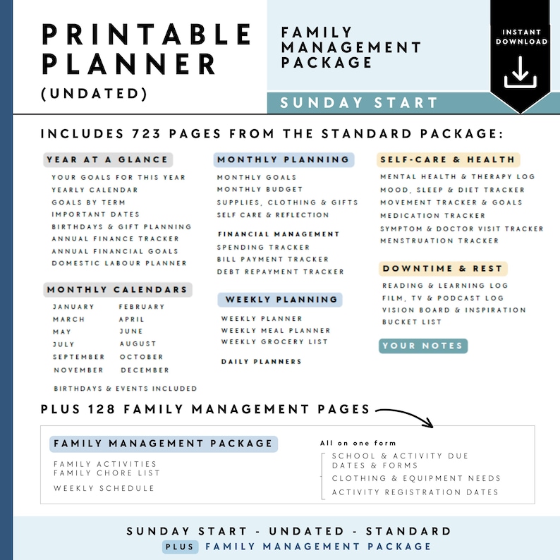 Family Printable Planner: Weekly, Monthly, Daily - Sunday Start (PDF ...