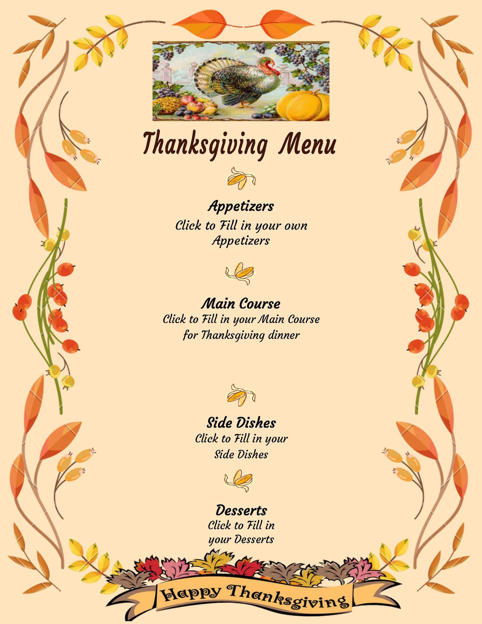 Printable Thanksgiving Menu Template: Editable Dinner Party (digital ...