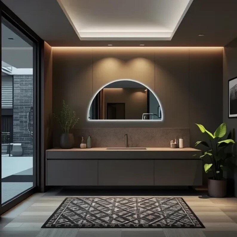 Half Round Led Illuminated Wall Mirror Bathroom Half Moon Decor Led ...
