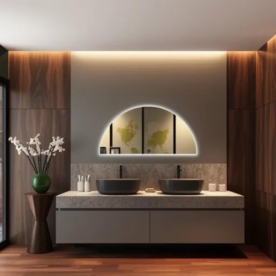 Half Round Led Illuminated Wall Mirror Bathroom Half Moon Decor Led ...