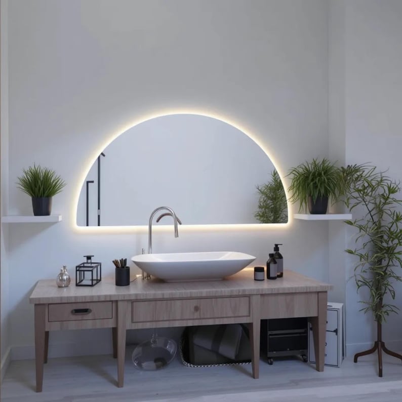 Half Round Led Illuminated Wall Mirror Bathroom Half Moon Decor Led ...