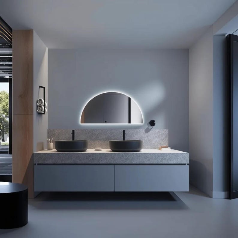 Half Round Led Illuminated Wall Mirror Bathroom Half Moon Decor Led ...