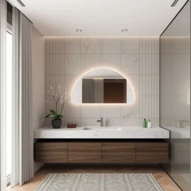 Half Round Led Illuminated Wall Mirror Bathroom Half Moon Decor Led ...