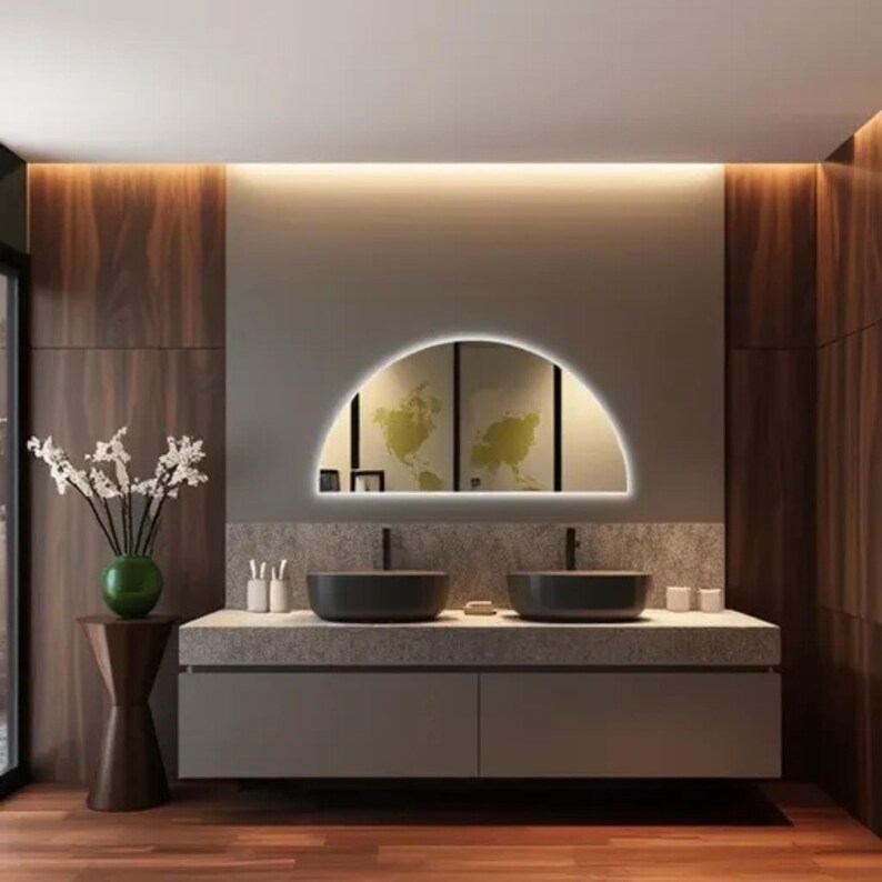 Half Round Led Illuminated Wall Mirror - Bathroom Half Moon Decor Led ...