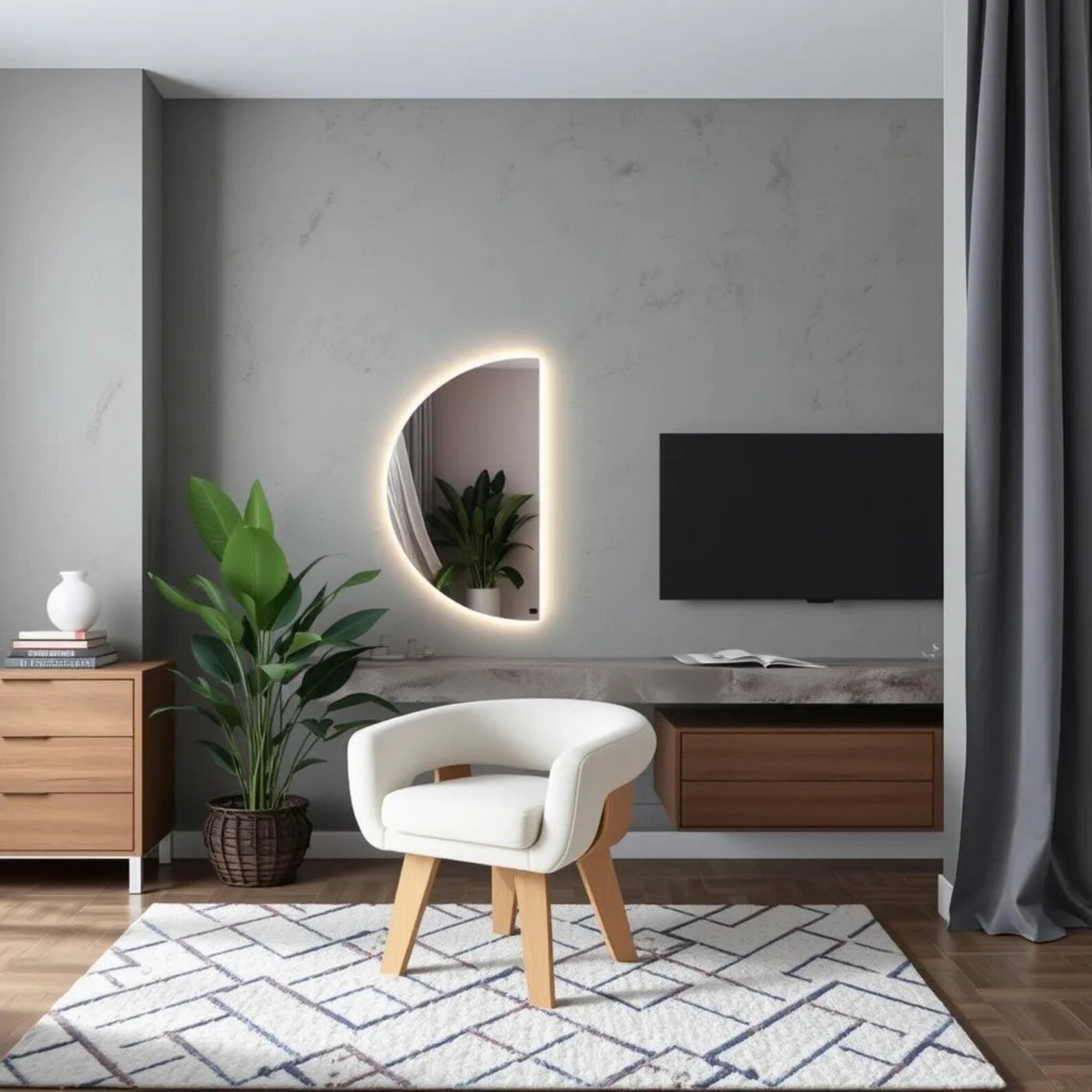 Half Round Led Illuminated Wall Mirror - Bathroom Half Moon Decor Led ...