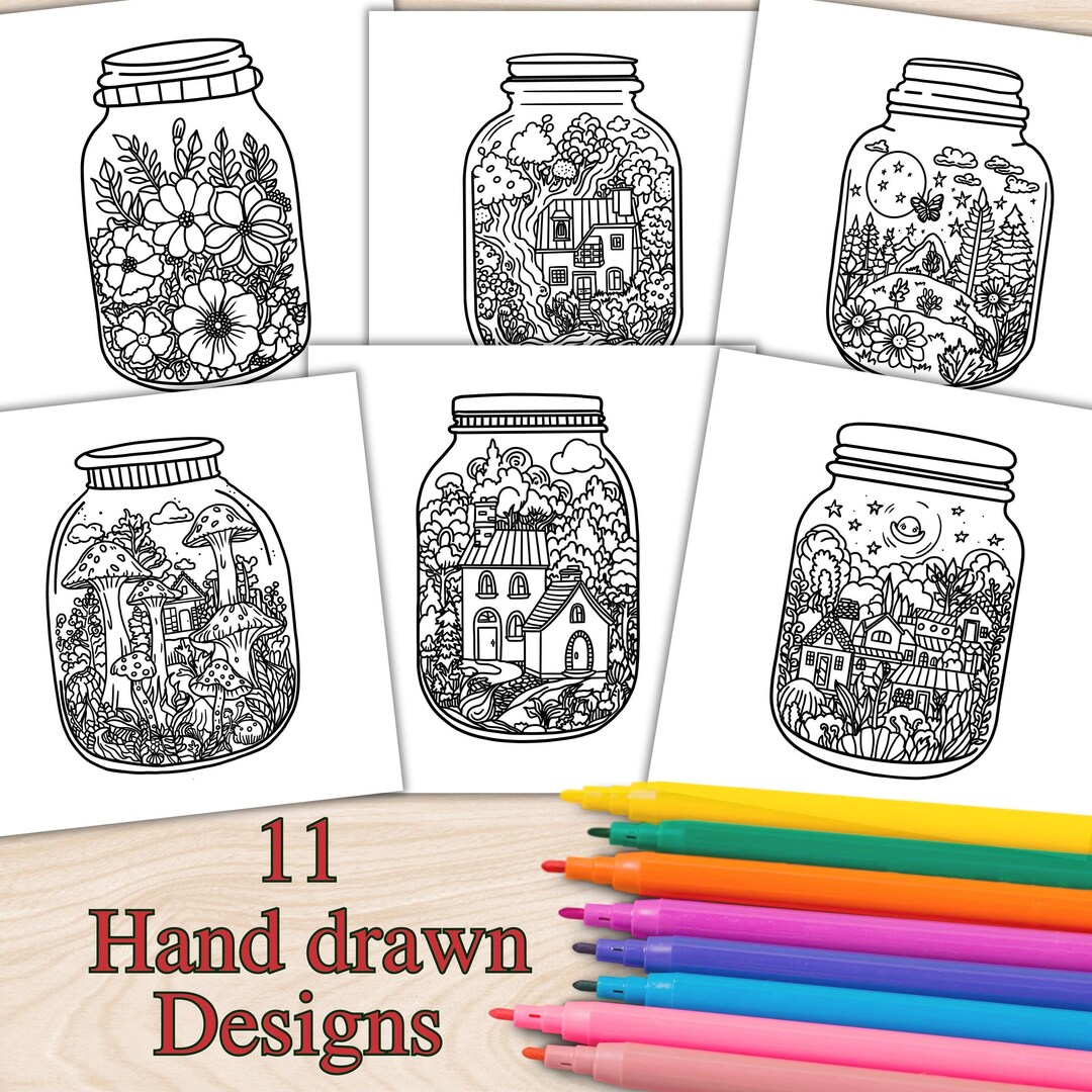 Cute Botanical Jars Coloring Pages, Hand Drawn Flowers and Homes ...