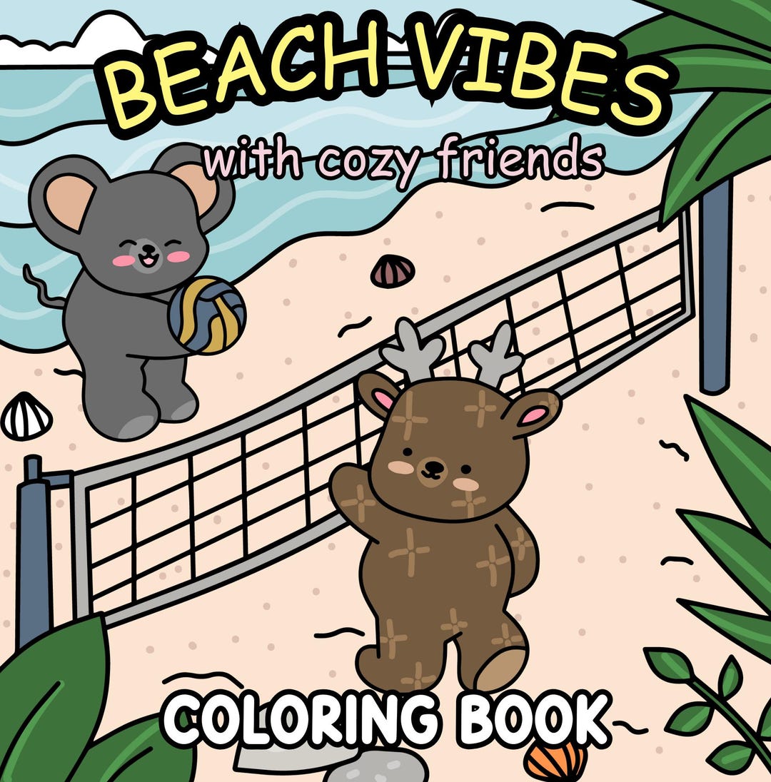 Beach Vibes Coloring Pages, Cute and Cozy Images of Hygge Fuzzy Friends ...
