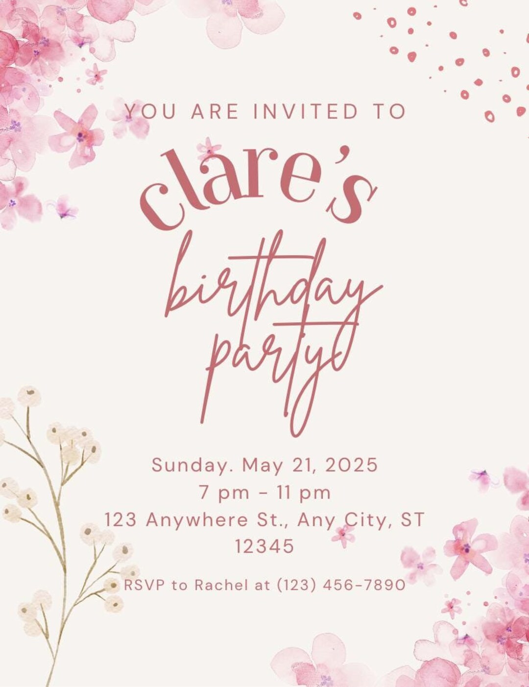 Birthday Party Invitation Template, Floral Invite Template, Pink Invite ...