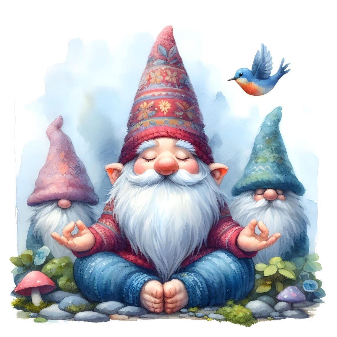 4 Meditating Gnomes Clipart - Watercolor Gnome Png - Peaceful Gnone ...