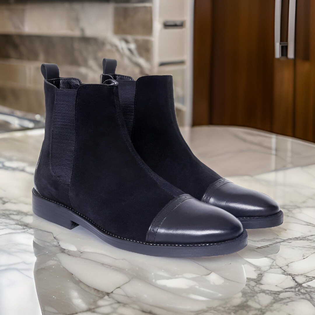 Bespoke Handmade Black Colour Suede Leather Ankle High Cap Toe Chelsea ...