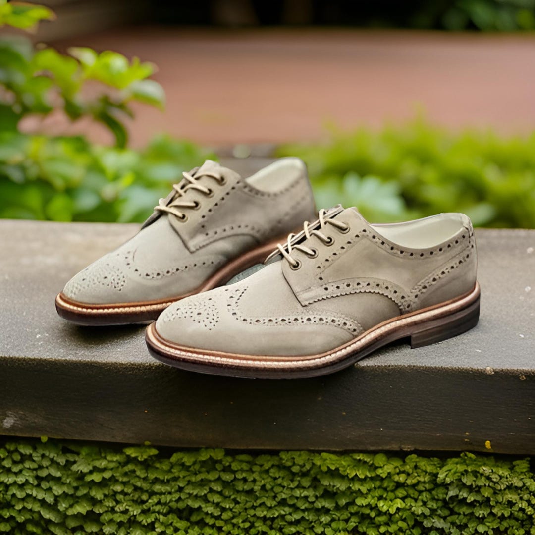 Bespoke Handmade Beige Color Wing Tip Lace up Brogue Suede Leather ...