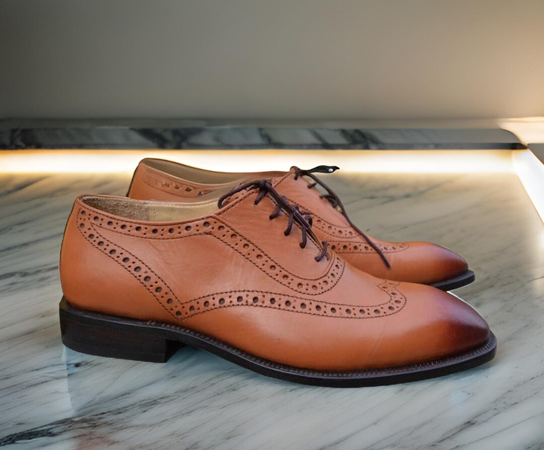 Bespoke Handmade Tan Color Wing Tip Cap Toe Lace up Brogue Oxford Shoes ...