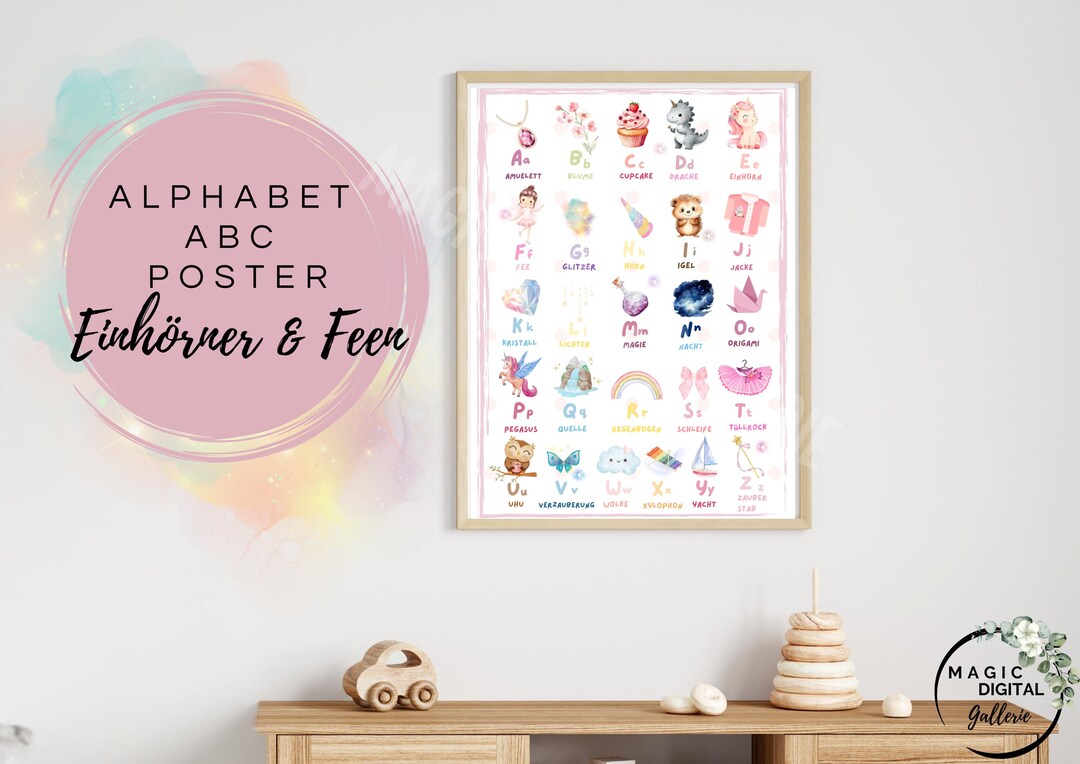 ABC Alphabet Poster Wall Mural Unicorns and Fairies, High-quality Paper ...