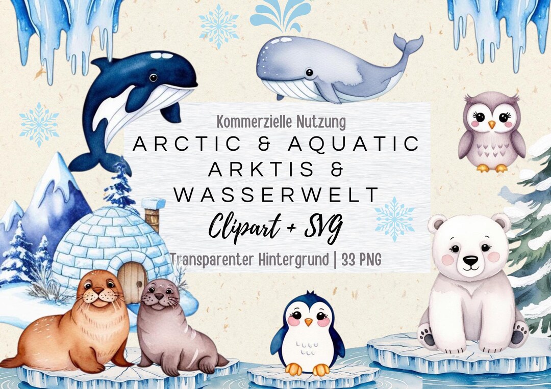 Watercolor Cute Arctic & Aquatic Animals Clipart + Svg Watercolor ...