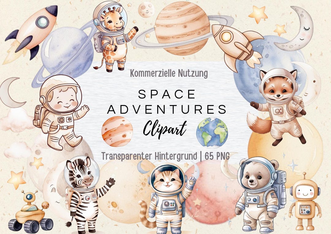 Watercolor Cute Space Animals Clipart Bundle, Neutral Baby Decor ...