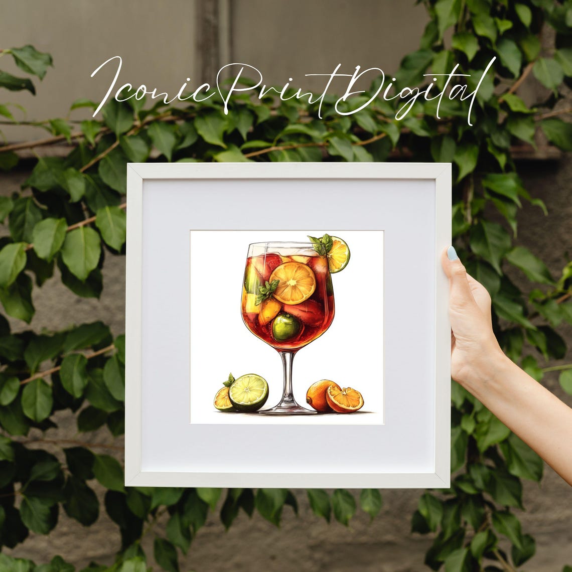Square Minimalist Sangria Cocktail Wall Art, Fruit and Wine Line Art ...