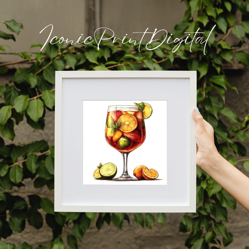 Square Minimalist Sangria Cocktail Wall Art, Fruit and Wine Line Art ...