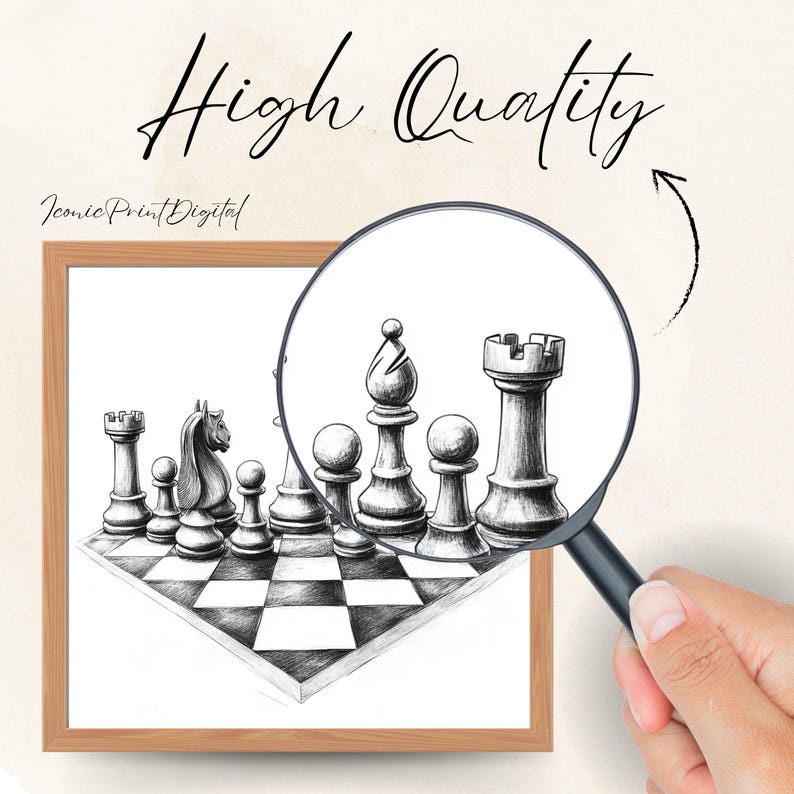 Square Chess Set Sketch Art, Black and White Printable Wall Art ...
