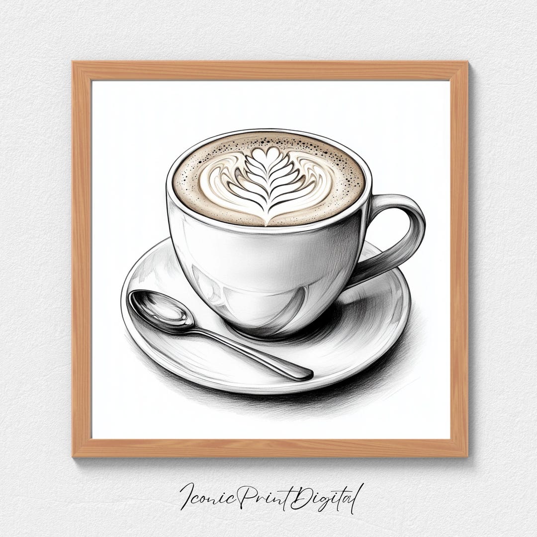 Square Latte Art Sketch Art, Black and White Printable Wall Art ...